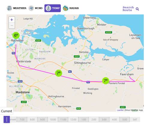 See the M2 weather conditions with wind and radar
